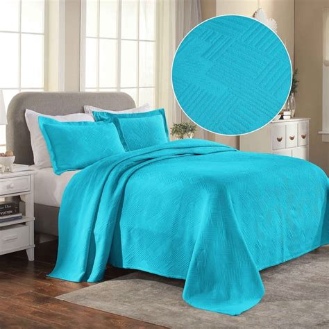 Superior Geometric Fret Cotton Decorative Bedspread And Sham Set Full Peacock Blue