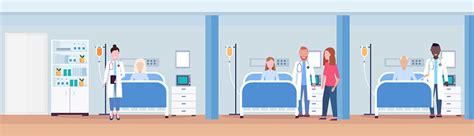 믹스 레이스 닥터 스를 방문 하는 환자 들이 침대 집중 치료와 드 의료 개념 병 실 인테리어 모던 메디컬 클리닉 가로 배너 의사에 대한 스톡 벡터 아트 및 기타 이미지