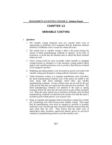 Chapter Variable Costing MANAGEMENT ACCOUNTING VOLUME I Solutions Manual CHAPTER