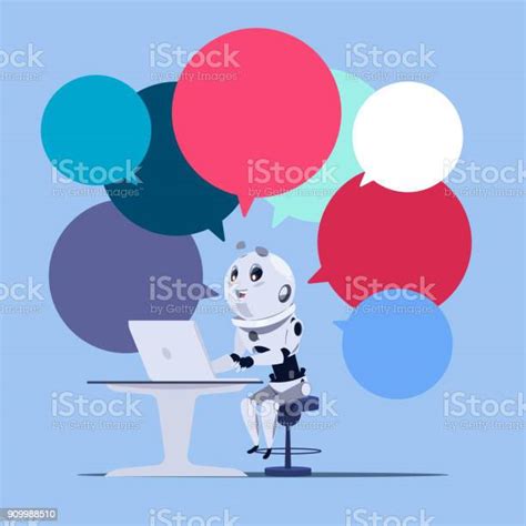Chatbot 또는 대화 응용 프로그램 귀여운 로봇 사용 노트북 컴퓨터 서식 파일 배너 화려한 채팅 거품 Chatterbot