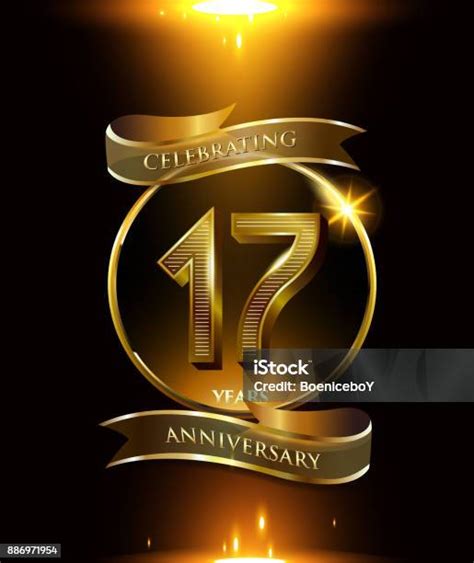 17 년 기념일 로고 황금 반지와 컬러 리본 파티 인사말 카드 및 초대장 카드를 위한 벡터 디자인 검은 배경에 고립 축 하 로고 템플릿 17에 대한 스톡 벡터 아트 및 기타