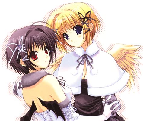 Black Hair Blonde Blue Eyes Blush Glove Red Eyes Ribbon Short Hair Smile Wings Wallpaper