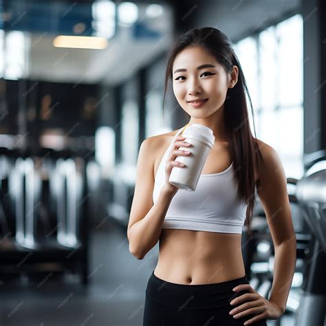 An Asian Stunning Girl In Fitness Gym Drinking Whey Protein Premium