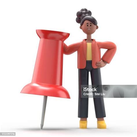 아프리카 여성 코코가 거대한 빨간 압정에 기대어 흰색 배경에 렌더링3d 3d 그림 격리에 대한 스톡 사진 및 기타 이미지 격리 기대기 긴급 개념 Istock