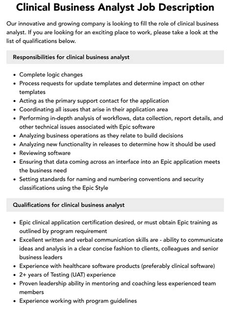 Clinical Business Analyst Job Description Velvet Jobs