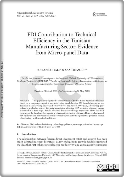FDI Contribution to Technical Efficiency in the Tunisian Manufacturing Sector_Evidence from ...