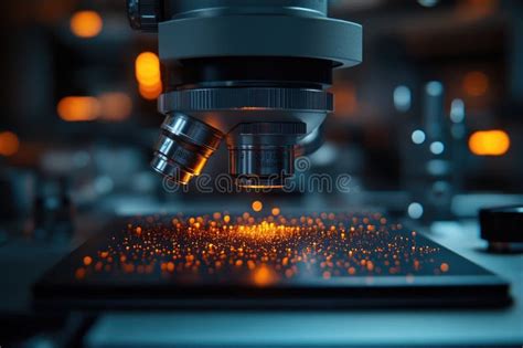 Close Up Of A Microscope Examining Glowing Particles In A Laboratory Setting Stock Illustration