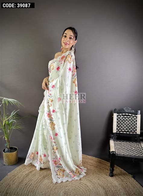 White Gadhwal Silk Saree With Pichwai Print And Embroidery Cut Work
