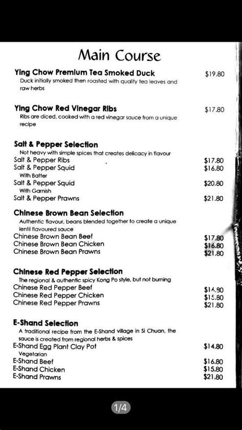 Menu At Ying Chow Chinese Restaurant Adelaide