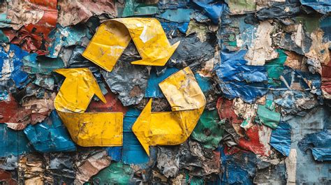 A Yellow Recycling Symbol Is Attached To A Colorful Textured Wall Of Repurposed Materials