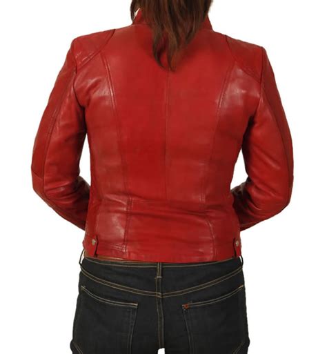 Ladies Red Leather Biker Jacket With Quilting Detail From Simons Leather