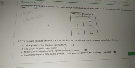 Solved A Calculate Total Fixed Cost Average Fixed Cost