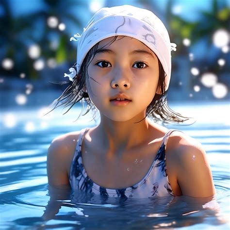 11 Year Old Asian Girl Doing Artistic Swimming Wearing A Whi By