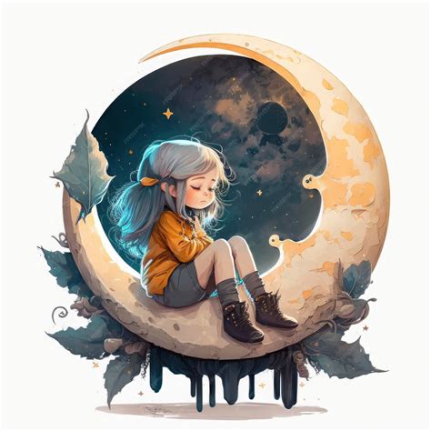 Premium Ai Image A Drawing Of A Girl Sitting On A Moon