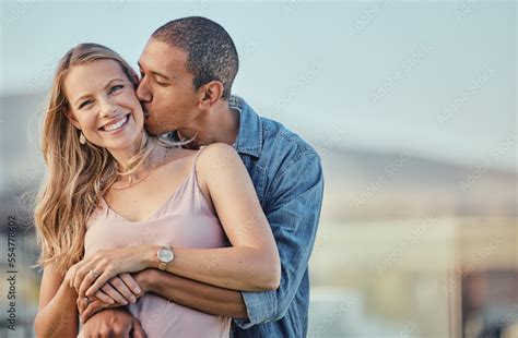 Couple Hug And Kiss For Love Care Or Compassion In Happy Relationship