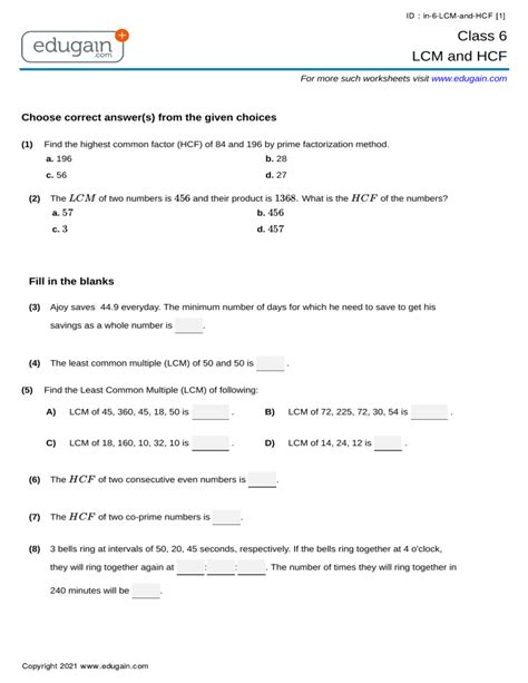 Lcm And Hcf Worksheet For Class 6