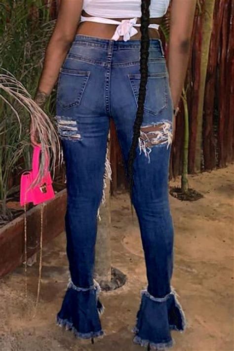Wholesale Red Fashion Sexy Mid Waist Broken Hole Flared Jeans K6810 R