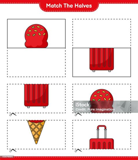 반쪽을 일치시다 아이스크림과 여행 가방의 절반을 일치합니다 교육 어린이 게임 인쇄 워크 시트 벡터 일러스트레이션 0명에 대한 스톡 벡터 아트 및 기타 이미지 Istock