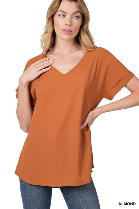 Zenana Women And Plus V Neck Heavy Dobby Boat Neck Rolled Short Sleeve