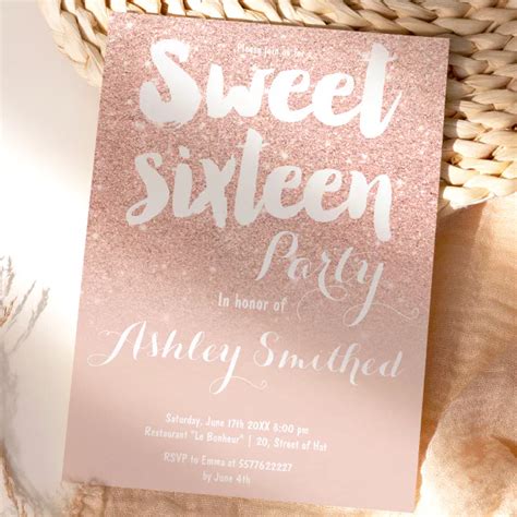Modern Faux Rose Gold Glitter Typography Sweet 16 Invitation Zazzle