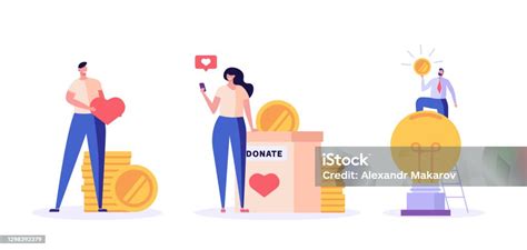 동전을 들고 서서 돈을 기부하는 사람들 크라우드 펀딩 기부 자원봉사 기부 상자 자선의 개념 책 배너 카드에 대한 평면 디자인의