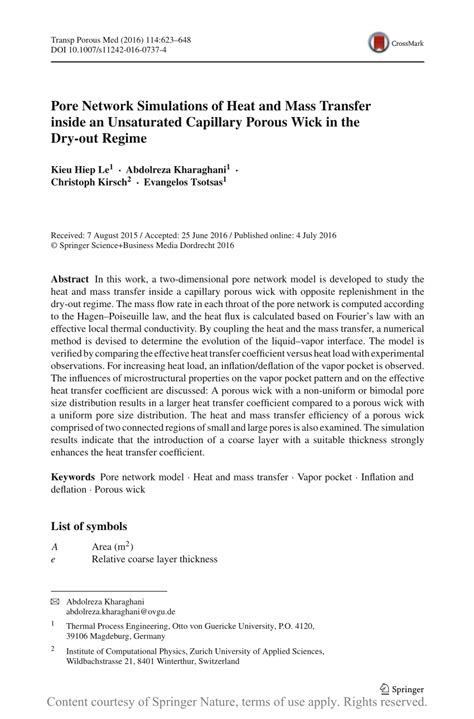 Pore Network Simulations Of Heat And Mass Transfer Inside An