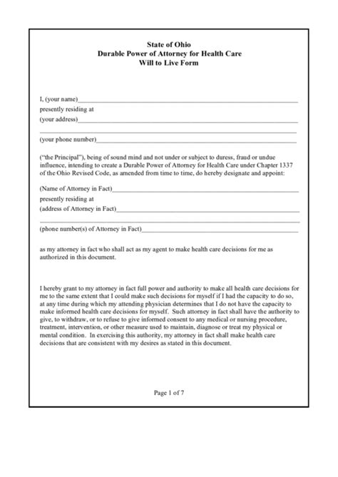 Free Printable Durable Power Of Attorney Form Ohio Printable Form 2024