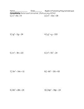 Factoring Polynomials Quiz By Katie Kim Teachers Pay Teachers
