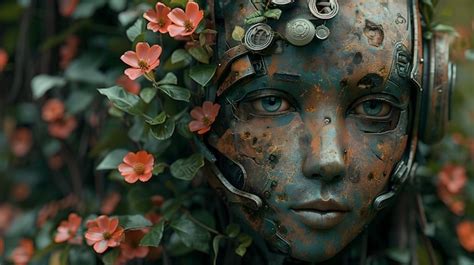 Rusty Robot Head Reclaimed By Natures Colorful Botanicals In Digital