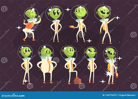 Cute Aliens In Space Suits Spaceship Crew Of Little Green Men Funny