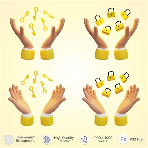 Premium Psd Illustration Of Hands Holding Golden Keys And Padlocks Security Icon In 3d Rendering