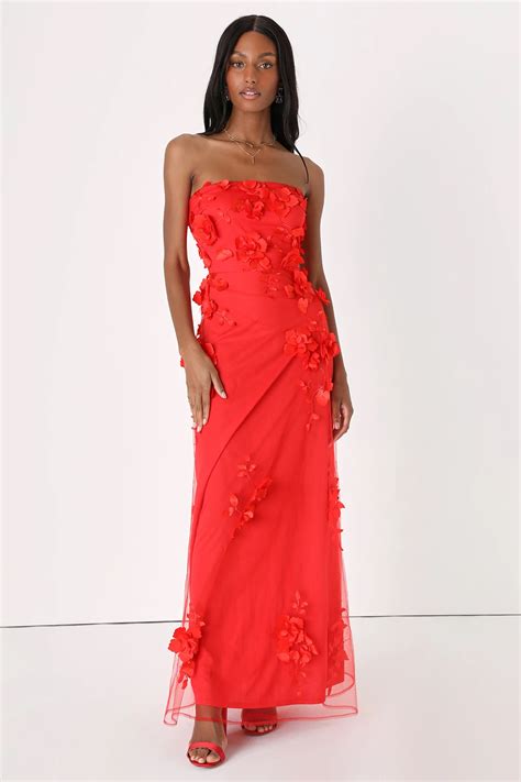 Remarkable Refinement Red Floral Strapless Maxi Dress Red Dress Maxi