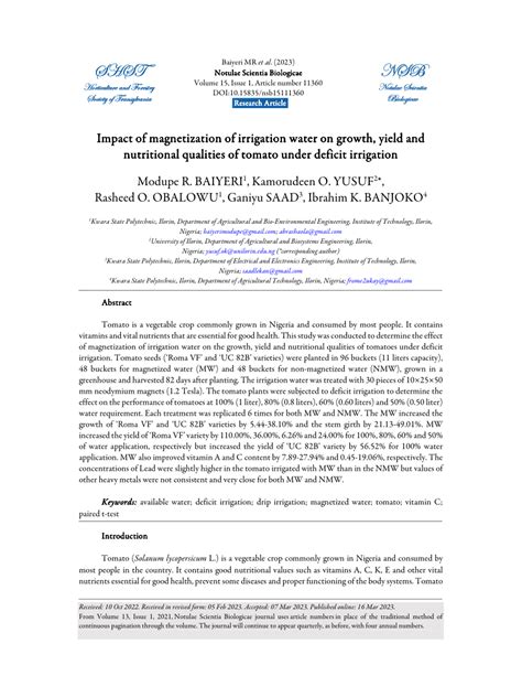 Pdf Impact Of Magnetization Of Irrigation Water On Growth Yield And Nutritional Qualities Of