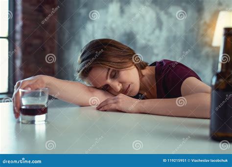 Drunk Addicted Woman Falling Asleep At The Table Stock Image Image Of