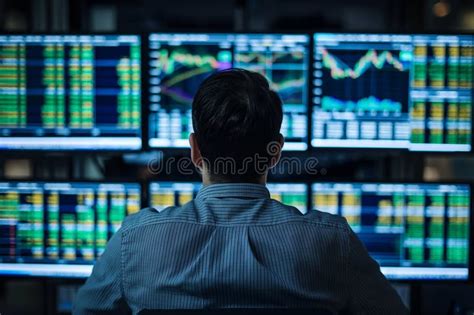 Stock Market Broker Analyzing Online Trading Data On Multiple Computer Screens Stock
