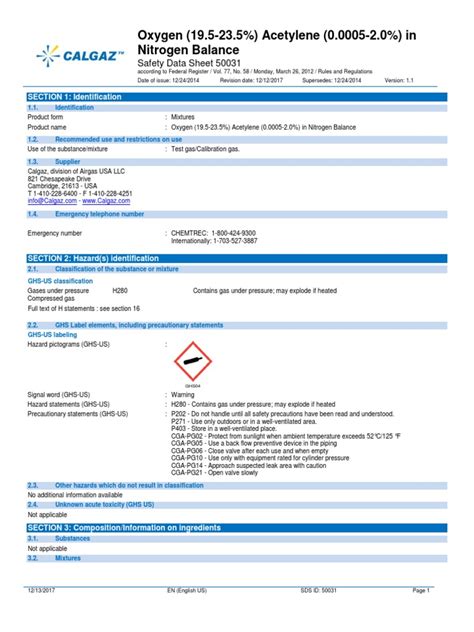 Calgaz Acetylene 50031 Sds Pdf