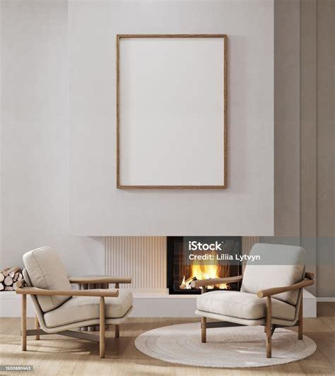 현대적인 벽난로 안락의자 베이지색 석고 벽 3d 렌더링이 있는 미니멀한 거실 인테리어의 나무 프레임 모형 베이지에 대한 스톡 사진 및 기타 이미지 Istock
