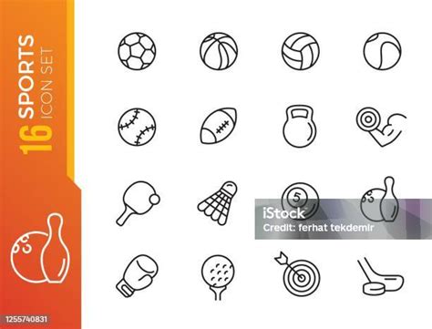 스포츠 공 최소한의 평면 라인 벡터 아이콘 세트 축구 축구 테니스 골프 볼링 농구 하키 배구 럭비 수영장 야구 탁구 0명에 대한 스톡 벡터 아트 및 기타 이미지 Istock