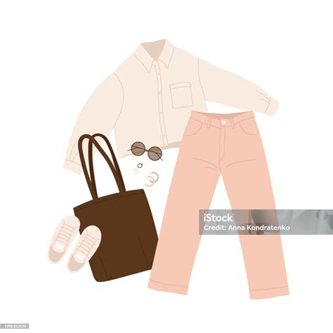 세련된 여성복 핑크 청바지 운동화 셔츠 가방 및 액세서리 패션 여름 또는 봄 미학을 보인다 캐주얼 웨어 스트리트 스타일 벡터