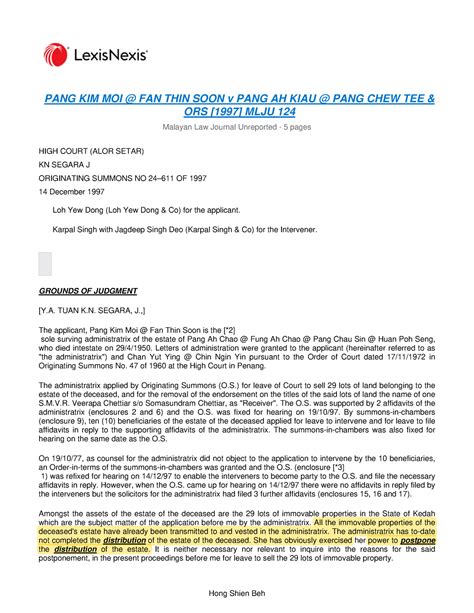 PANG KIM MOI FAN THIN SOON V PANG AH KIAU PANG CHEW Karpal Singh With Jagdeep Singh Deo