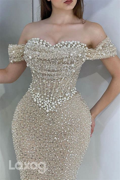 22053 Off Shoulder Pearls Sparkly Mermaid Long Formal Evening Dress