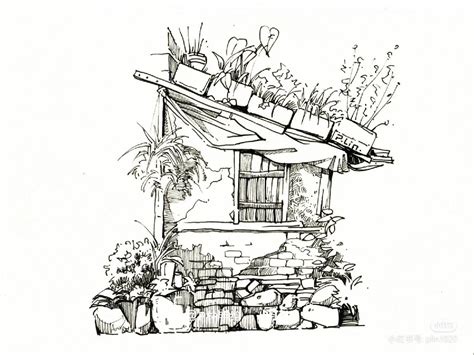 Urban Sketching House With Plants Drawing