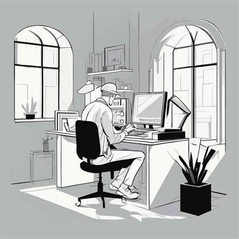 Premium Vector Woman Working On Computer At Office Desk Sketch Style Vector Illustrationwoman