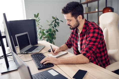 Profile Side Photo Of Young Focused Man Write Notebook Computer