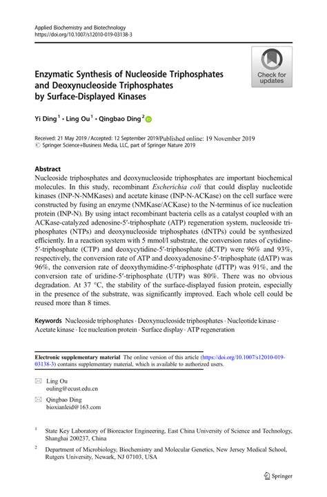 Pdf Enzymatic Synthesis Of Nucleoside Triphosphates And Deoxynucleoside Triphosphates By