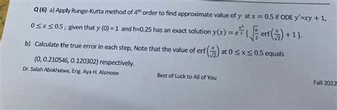 Solved Q6 A Apply Runge Kutta Method Of 4th Order To