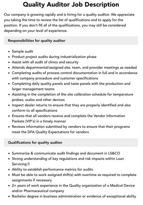 Quality Auditor Job Description Velvet Jobs