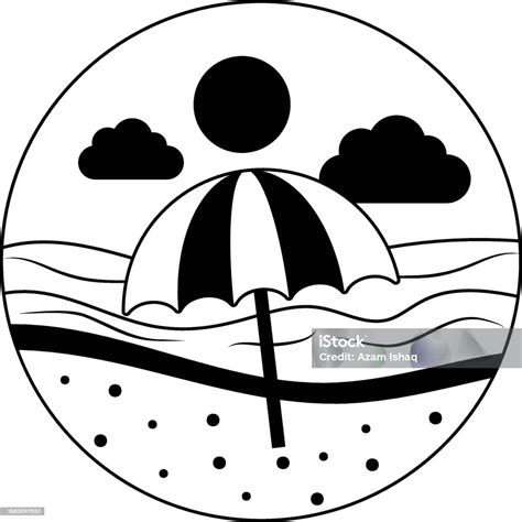 줄무늬 우산 풍경 개념이 있는 아름다운 해변 원형 벡터 아이콘 디자인의 파도 원형 기호의 자연 풍경 그림 같은 기호 시골 지형 스톡 일러스트레이션 0명에 대한 스톡 벡터