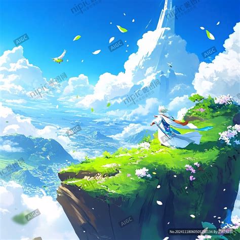 ai创作图坐在悬崖边上的女生 3d悬浮小山 唯美仙境插画 纯白色场景 动漫场景插画 游戏动漫背景 风景场景插画 梦幻风景女孩 梦幻场景插画