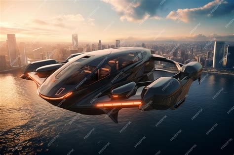 Premium Ai Image Futuristic Highspeed Hovercraft In Sky Flying Urban